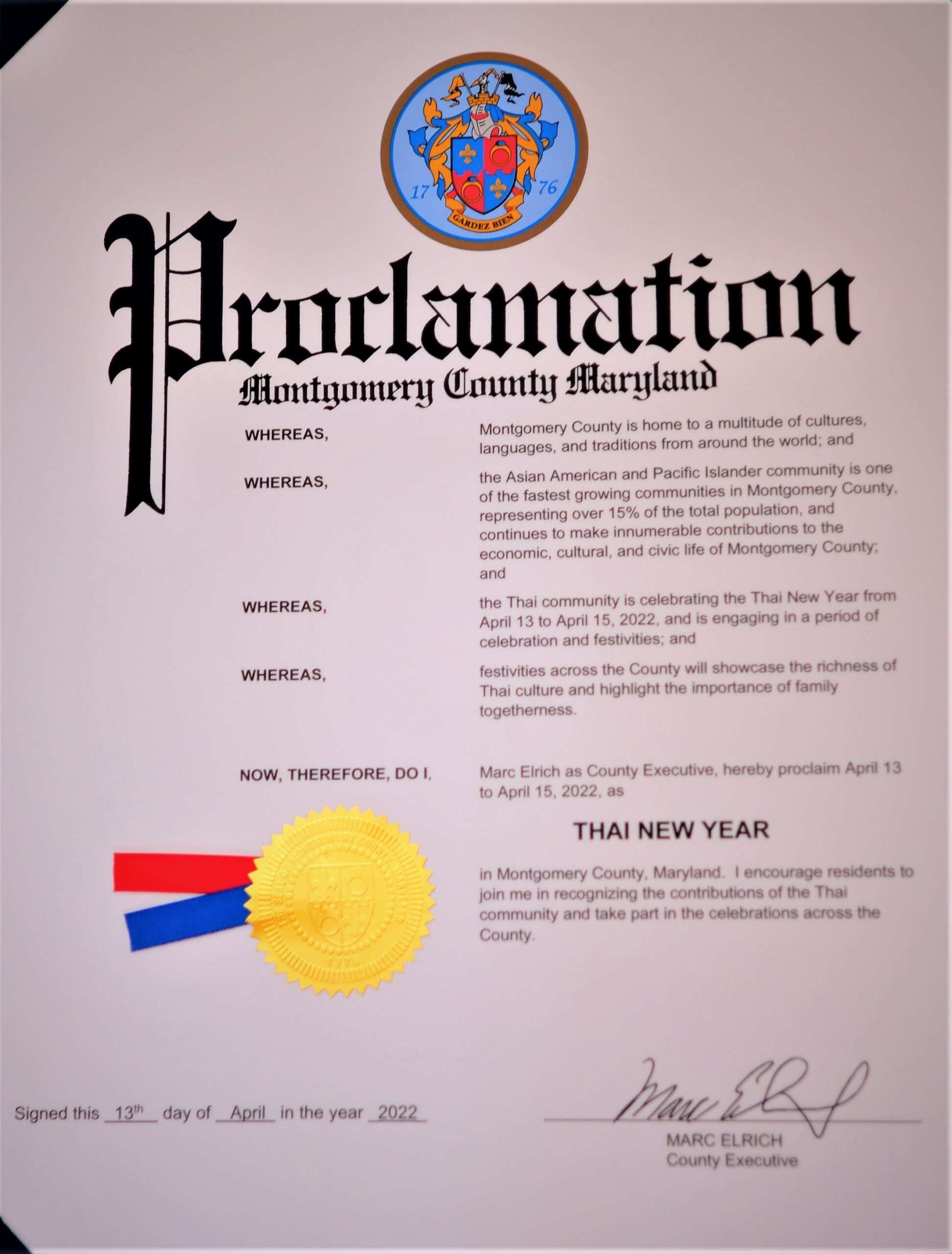 Proclamation from Montgomery County – Wat Thai Washington, D.C.